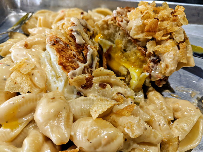 Mac and cheese that's having an identity crisis as a religious experience &ndash; five cheeses melting together in perfect, creamy harmony.