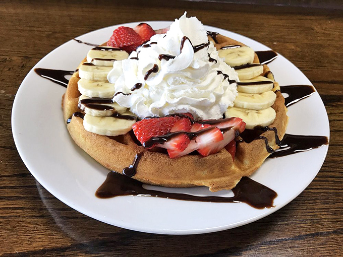A waffle that's dressed for success with fresh strawberries, bananas, and chocolate drizzle&mdash;breakfast's answer to formal wear.