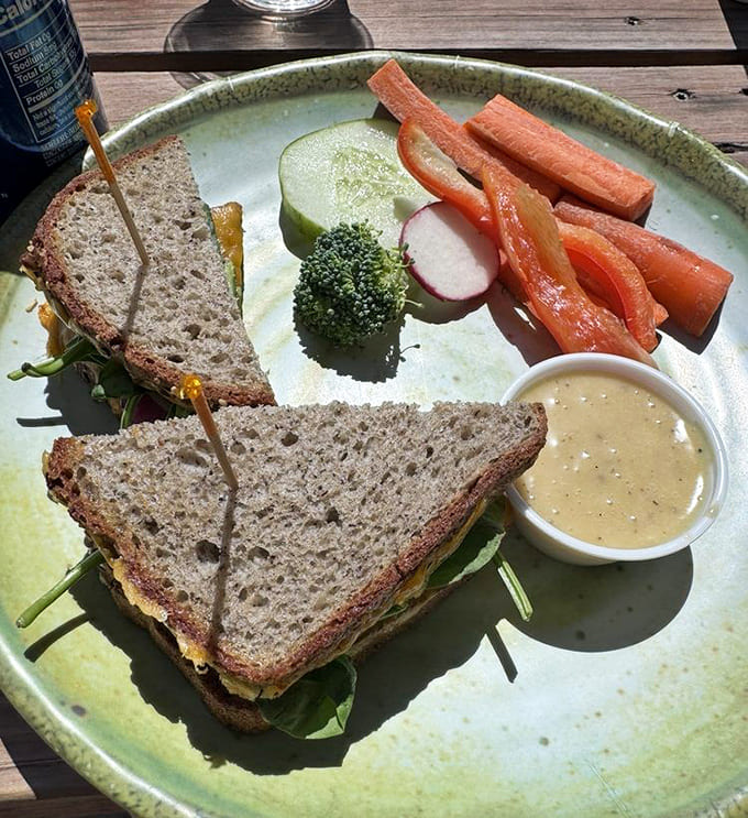 This sandwich arrives with vegetables so fresh and colorful, they make eating healthy look like the delicious decision it should always be.