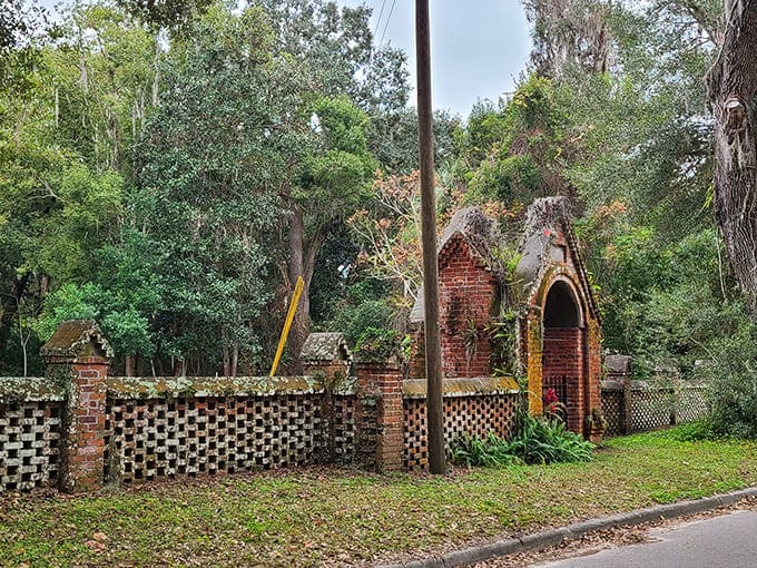 The mysterious Montgomery Wall, where nature slowly reclaims man's handiwork, creating a hauntingly beautiful reminder of Micanopy's layered past.