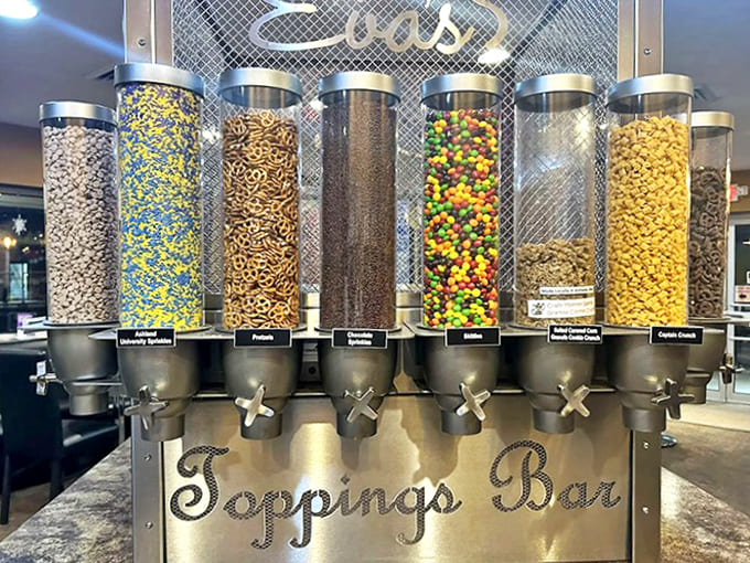 The toppings bar stands like Fort Knox for dessert lovers – each cylinder protecting treasures more valuable than gold.