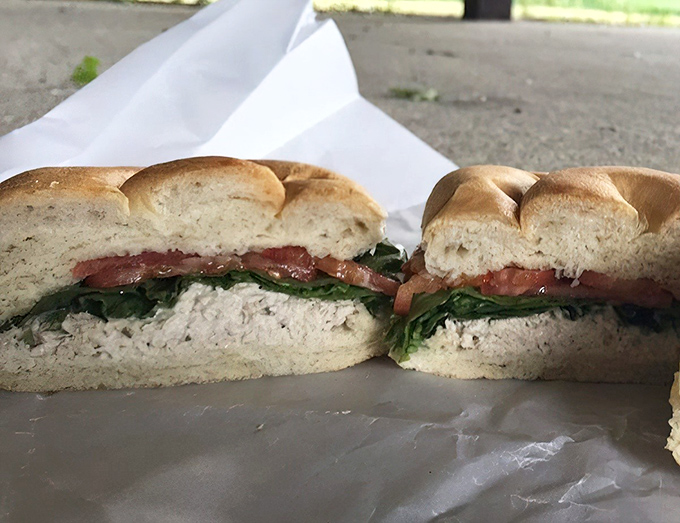 Cross-section perfection reveals the careful layering that makes Hero's sandwiches legendary among Vermont food enthusiasts.