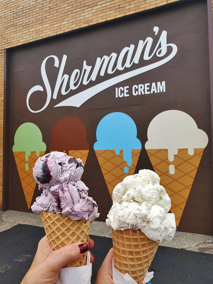 Sherman's waffle cones aren't just vessels; they're crispy, golden thrones worthy of the royal ice cream they support with perfect structural integrity.