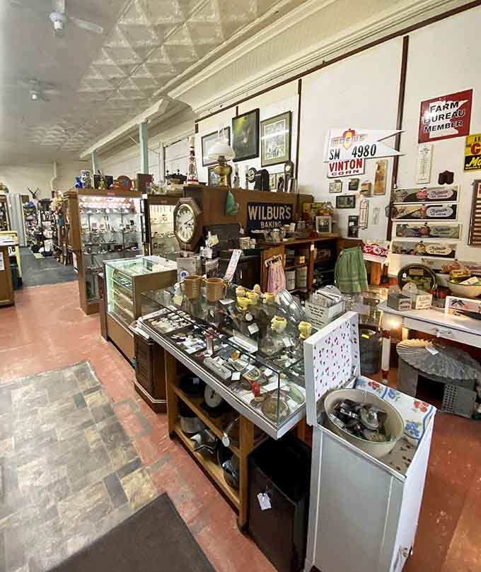 Vintage clocks line the wall like a timekeeping convention, each one ready to help you be fashionably on time.