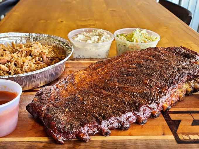 A full rack of ribs with that mahogany bark is basically edible architecture, beautiful and delicious in equal measure.