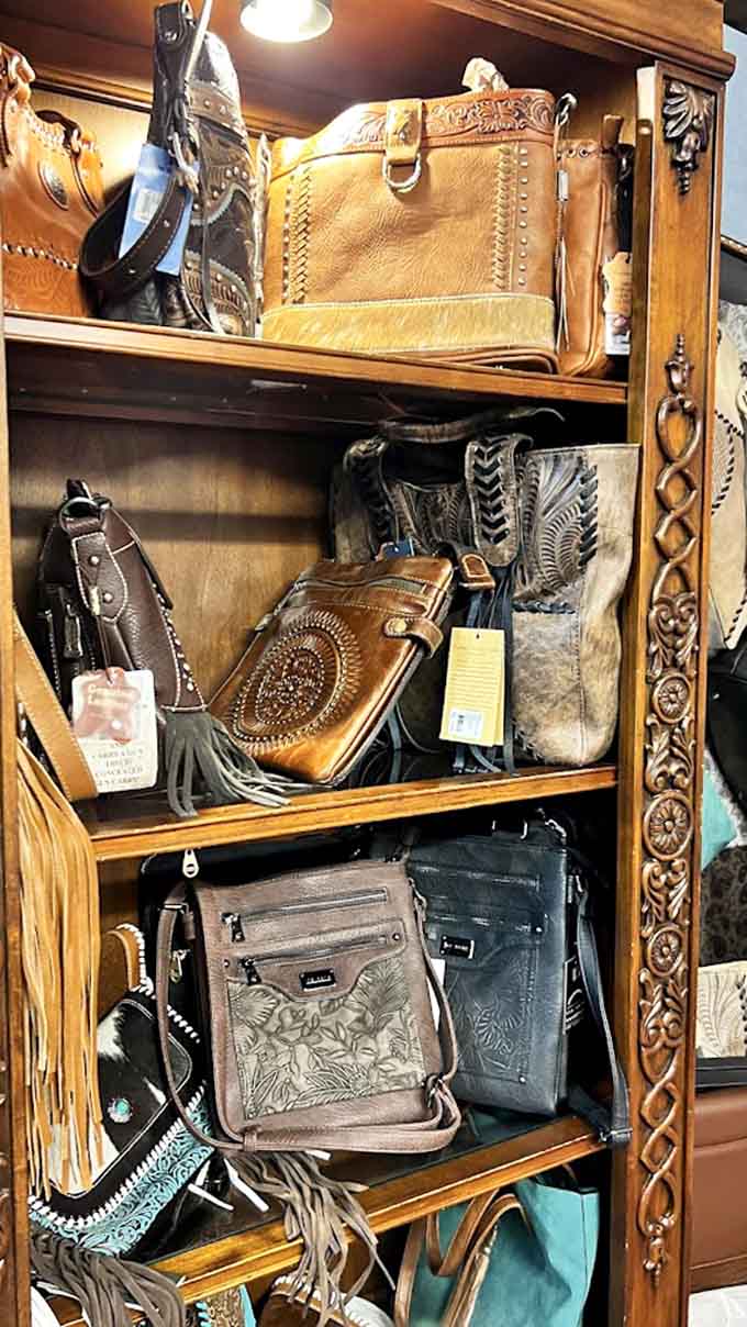These aren't your average tourist purses, folks, but genuine leather goods with intricate tooling that would make any cowgirl proud to carry them across the desert.