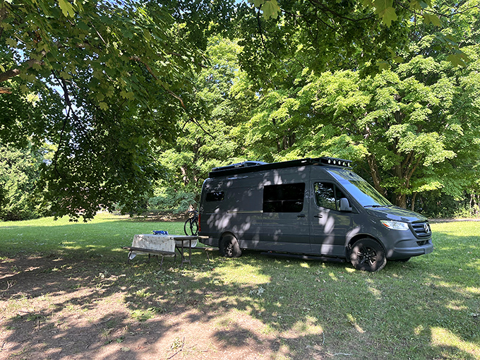 Camping under Grand Isle's leafy canopy offers shade, serenity, and the sweet soundtrack of birds overhead.
