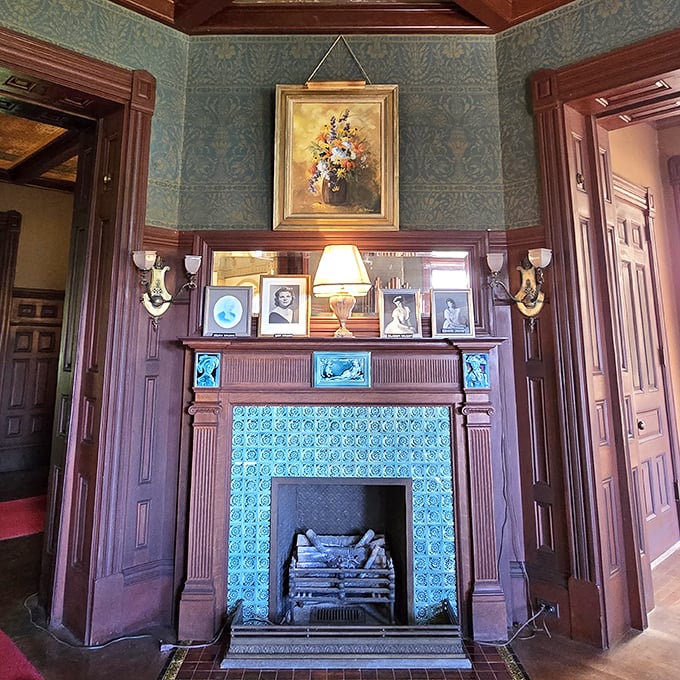 Ornate fireplaces with delicate tile work stand ready to warm both the living and, some say, those who've never quite departed.