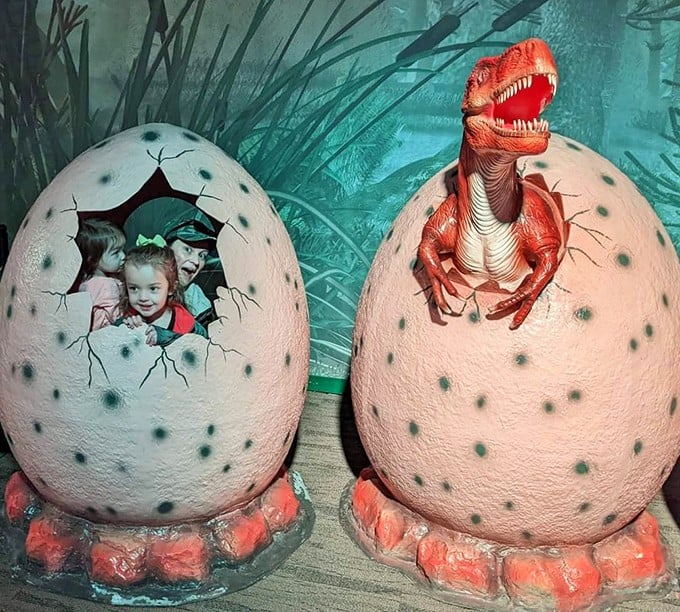 Future paleontologists emerge from dinosaur eggs in this whimsical photo opportunity that's perfect for family albums.