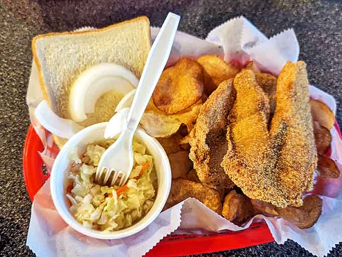 Perfectly breaded catfish with creamy coleslaw creates a flavor combination that's basically a hug for your mouth.
