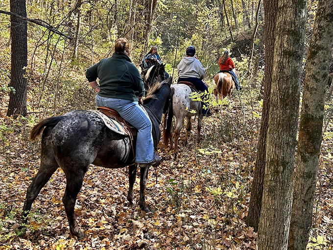 Horseback riders meander through fall foliage, experiencing the park's natural beauty from a saddle-top perspective.