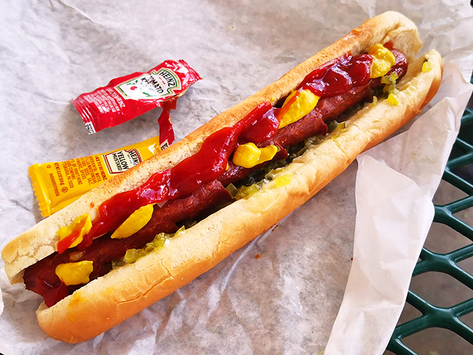 The hot dog at Snow Cap comes dressed to impress, with toppings arranged so perfectly you almost feel bad taking that first, satisfying bite.