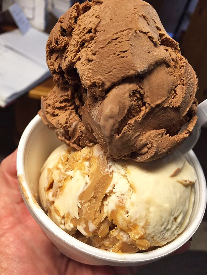 A scoop of rich chocolate paired with creamy caramel swirl – proof that Vermont's dairy excellence extends beautifully to homemade ice cream.