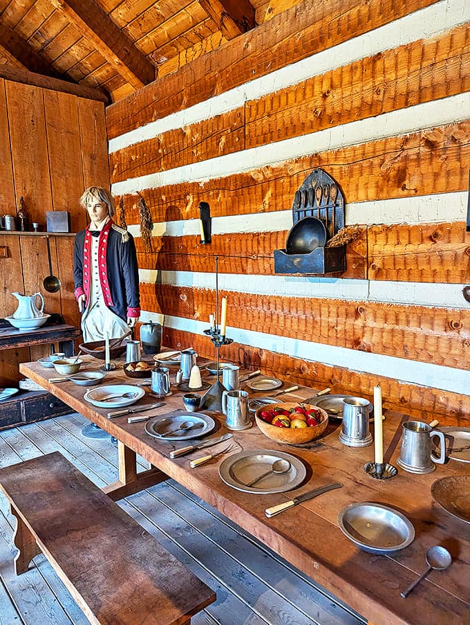 The officer's quarters showcase the rustic luxury of frontier military life &ndash; note the contrast between rough-hewn logs and fine tableware.