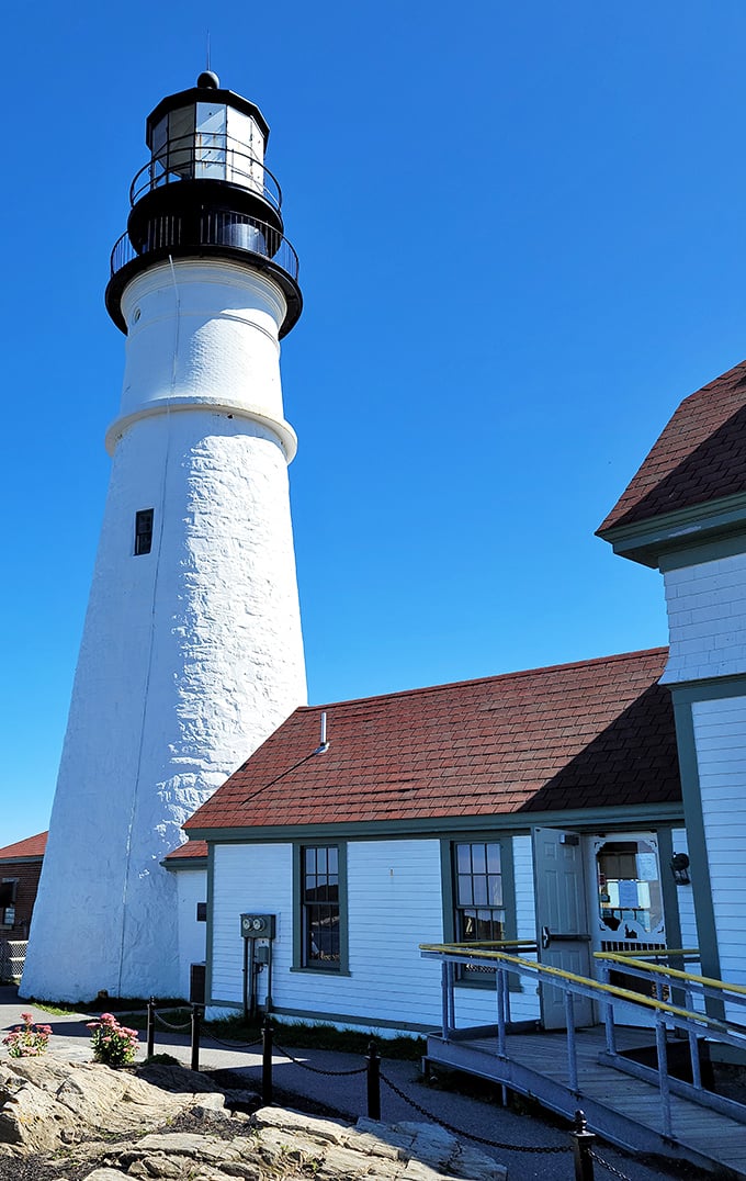Up close, the lighthouse's impressive architecture reveals the craftsmanship that has weathered over two centuries of fierce Atlantic storms.