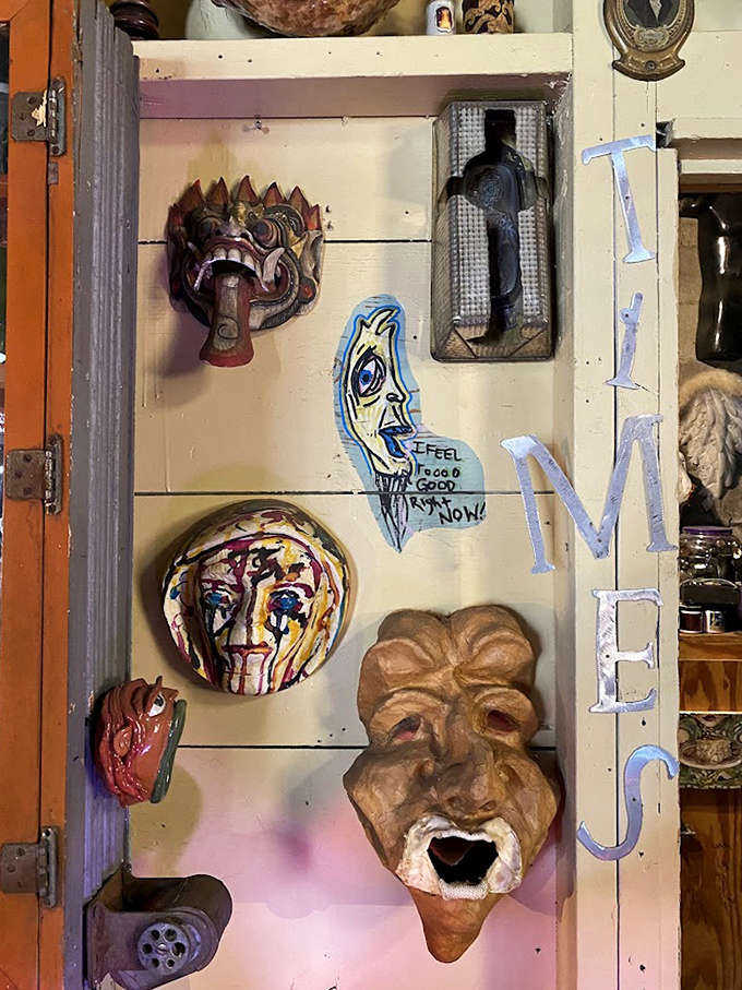 A cabinet of curious faces – these masks transform ordinary materials into expressions that range from whimsical to slightly unsettling.