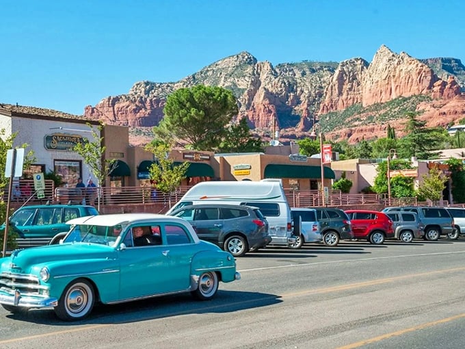 Sedona's charming storefronts nestle beneath towering red cliffs, where shopping and scenery create the perfect Arizona afternoon.