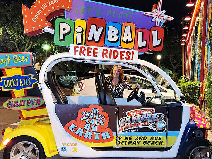 The museum's whimsical entrance vehicle proves that the journey into nostalgia sometimes requires a very small, very colorful car.