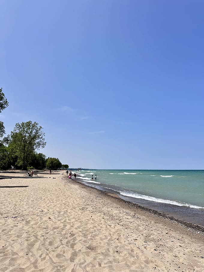 The sandy shoreline stretches invitingly along Lake Huron's edge, where every footprint tells a story of summer adventures.