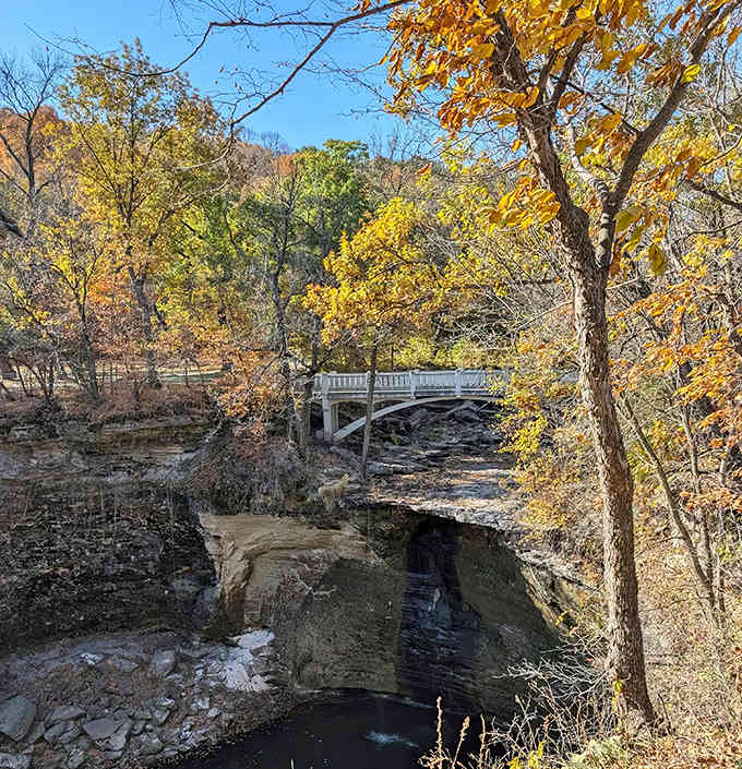 The white bridge stands like a painter's brushstroke against autumn's canvas, connecting visitors to breathtaking vistas.