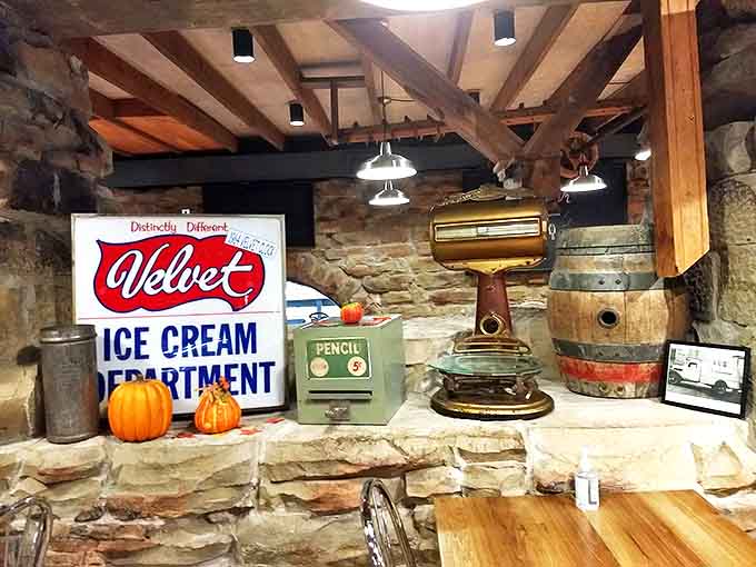 Vintage Velvet Ice Cream memorabilia creates a mini-museum atmosphere, where antique scales and pencil sharpeners tell stories of yesteryear.