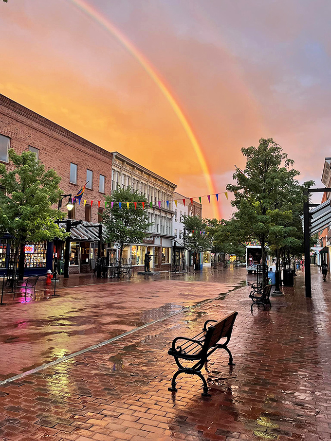 Church Street after a rain shower reflects the colorful storefronts, while a double rainbow promises treasures better than gold &ndash; local shopping!