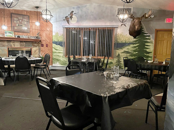 The dining room at Haase's features northwoods-inspired murals and mounted wildlife that create the perfect backdrop for hearty meals.