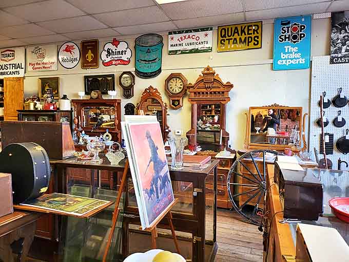 Advertising relics from America's commercial past hang like badges of honor, from Quaker Stamps to Texaco signs that outlived the businesses they once promoted.