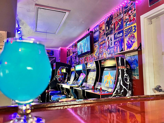 The back game room offers a quieter space for serious gaming, where pinball wizards can work their magic away from the main crowd.