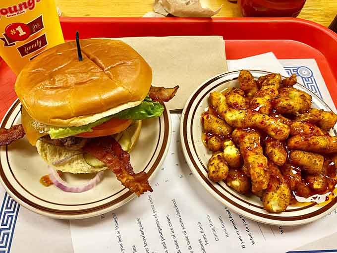 This bacon cheeseburger paired with Thai chili cheese curds is basically a passport to flavor town, no TSA required.