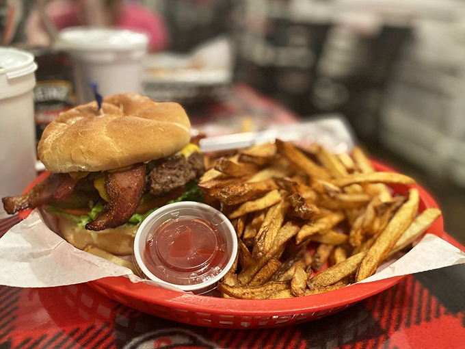This isn't your lunchbox bologna sandwich &ndash; thick-cut, griddled to perfection, and served with a mountain of those addictive fries.