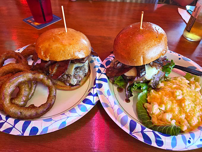 Two burgers, two happy customers. The only difficult part of dining here is deciding which creative combination to try first.