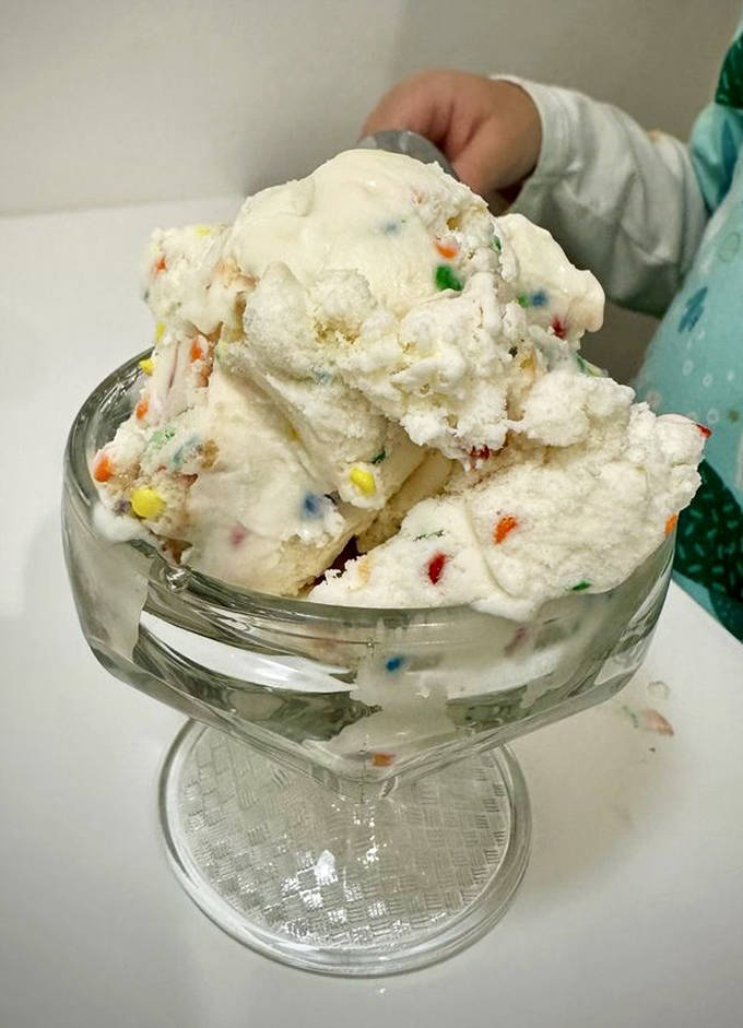 Birthday Cake ice cream &ndash; what childhood joy would look like if it took frozen form. Those colorful sprinkles aren't just decoration; they're happiness confetti.