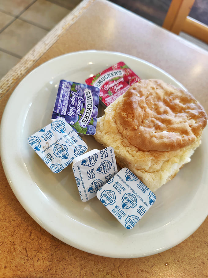 Biscuit: Flaky, buttery perfection served with an assortment of jellies that your grandmother would approve of &ndash; comfort food in its purest form.