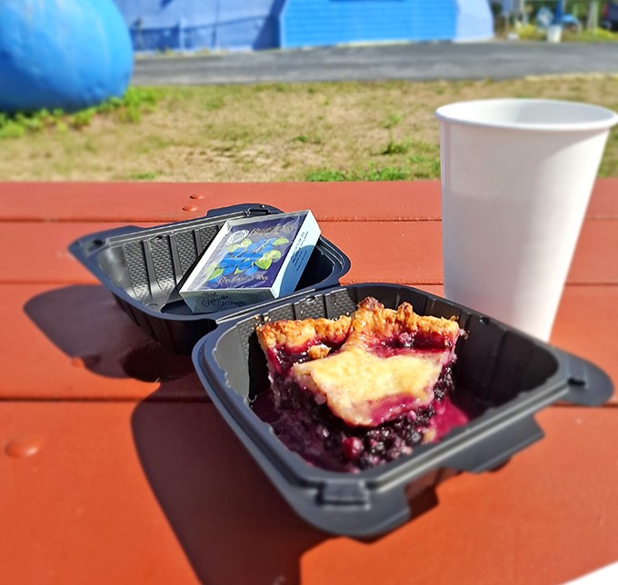 A slice of blueberry heaven awaits in this to-go container, perfect for roadside picnics or sneaking bites while continuing your Maine adventure.