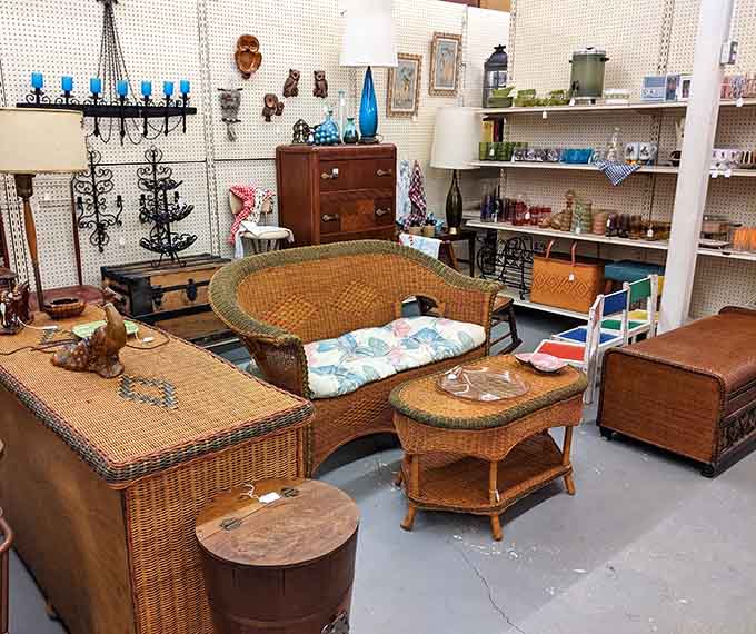 Mid-century modern meets Victorian elegance in a furniture showroom that proves every era had something beautiful to offer if you know where to look.