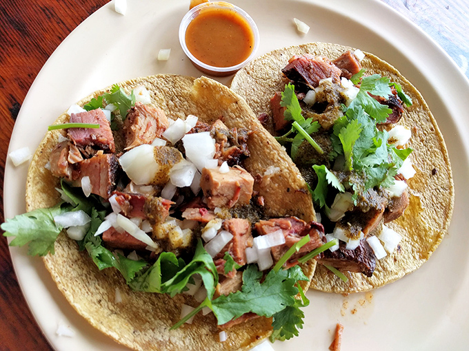 Carnitas tacos that make time stand still &ndash; tender smoked pork nestled in fresh tortillas with cilantro and onion creating perfect harmony.