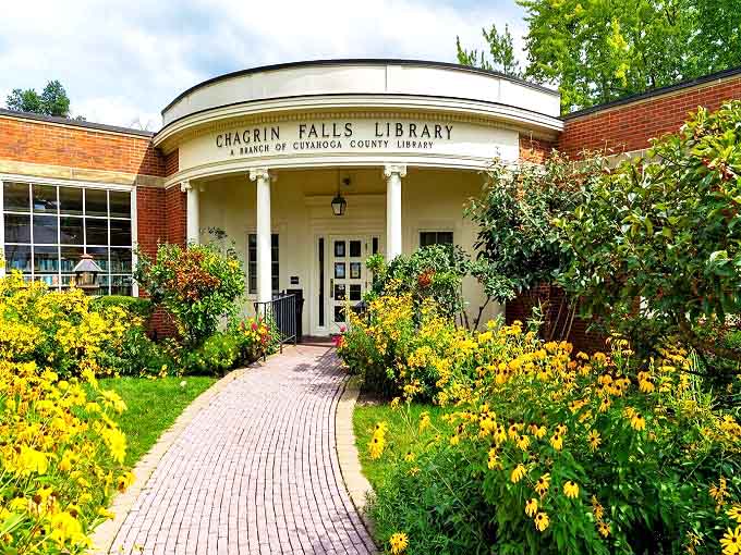 Library: The Chagrin Falls Library welcomes bookworms with classical columns and gardens bursting with black-eyed Susans&mdash;knowledge wrapped in architectural charm.