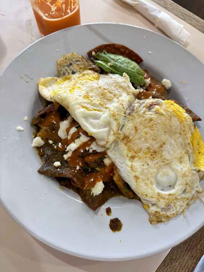 Chilaquiles Verde brings a flavorful twist to the morning lineup, proving this kitchen has range beyond traditional American breakfast.