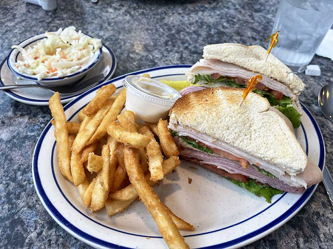 The club sandwich: architectural genius between bread slices, with a side of fries that disappear mysteriously before you're done.