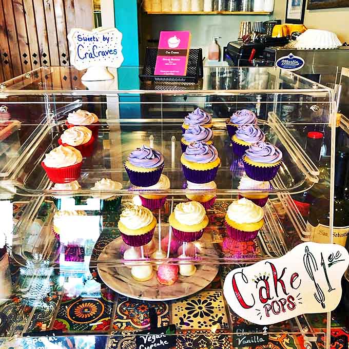 The display case showcases an array of cupcakes that would make even the most sophisticated cat pause mid-grooming session.