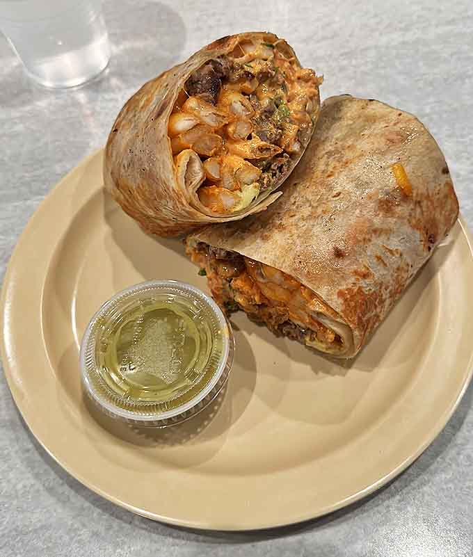 This breakfast burrito isn't messing around – stuffed with savory fillings and ready to tackle even the most serious hunger.