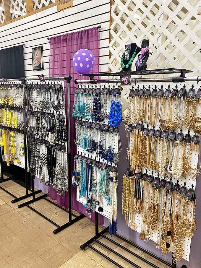 Jewelry displays sparkle with possibilities, from vintage costume pieces to handcrafted artisan creations that demand closer inspection.