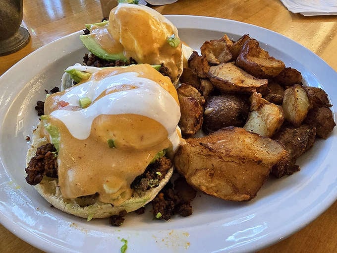 This is what breakfast perfection looks like: runny yolks, creamy sauce, and enough richness to fuel your entire day.