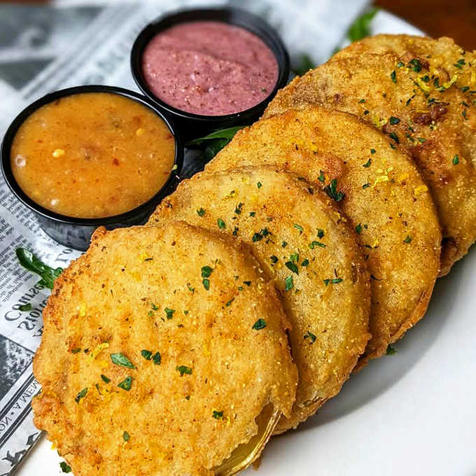 Golden discs of southern-meets-Irish fusion, these crispy tomato slices come with dipping sauces that make you wonder why you'd eat them any other way.