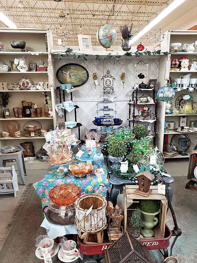 Garden-themed treasures await green thumbs and decorators alike. That red wagon has probably carried everything from actual plants to someone's decorating dreams.