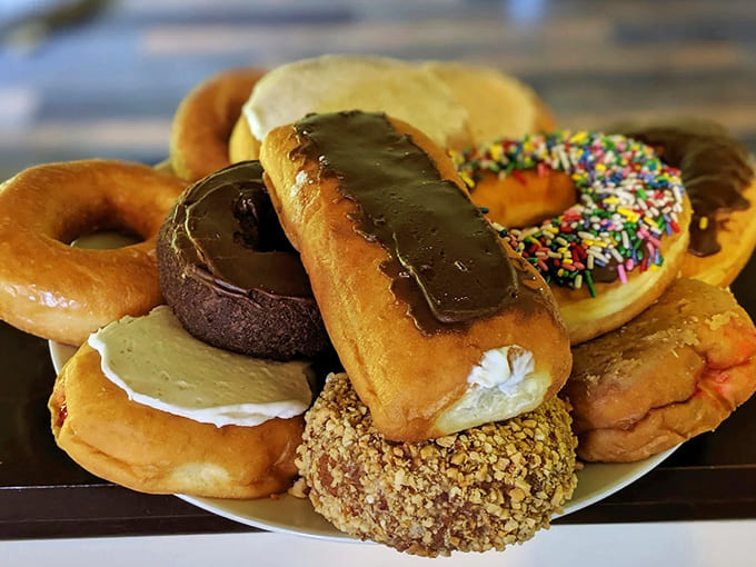 A mountain of handcrafted donuts showcases the shop's range &ndash; from classic glazed to chocolate-dipped delights, each one a testament to donut artistry.