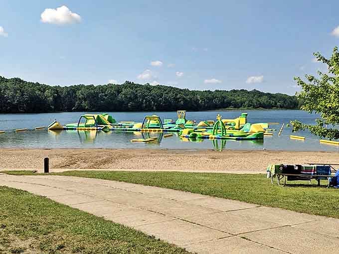 Who needs ocean waves when Holly Recreation Area provides inflatable water adventures on a pristine Michigan lake?
