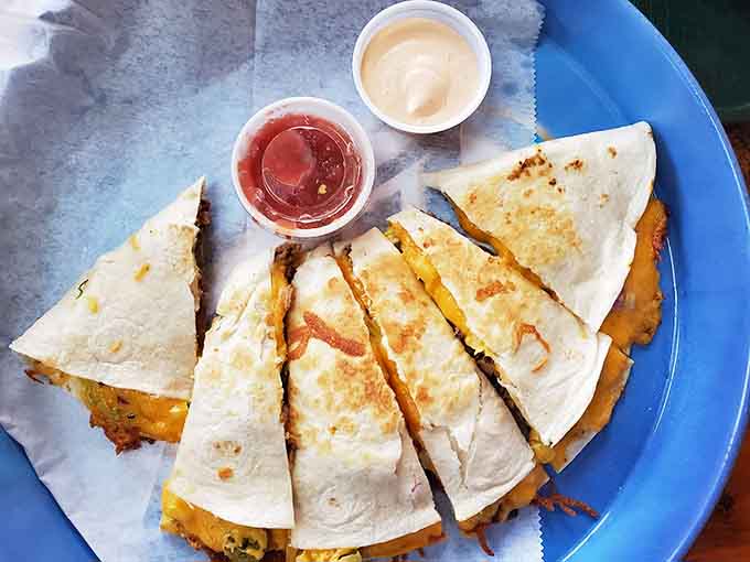 The quesadilla achieves that perfect golden crisp on the outside while keeping everything melty and delicious on the inside.