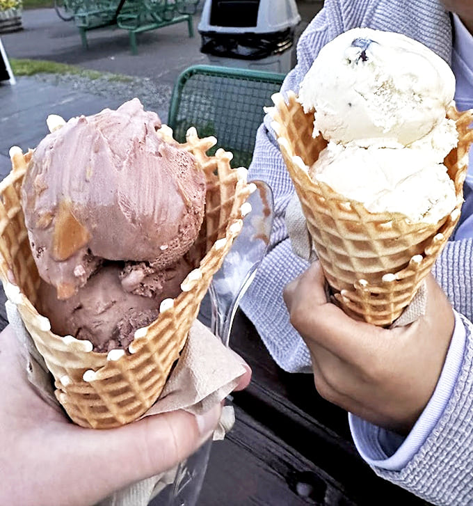 Ice Cream Cones: Two perfect scoops nestled in golden waffle cones—one chocolate, one vanilla—proving sometimes the classics really are unbeatable.
